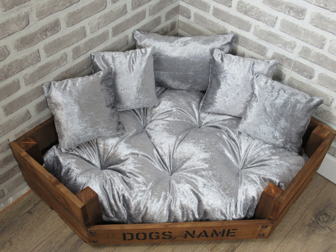 Large Personalised Rustic Wooden Corner Dog Bed In Grey | Etsy