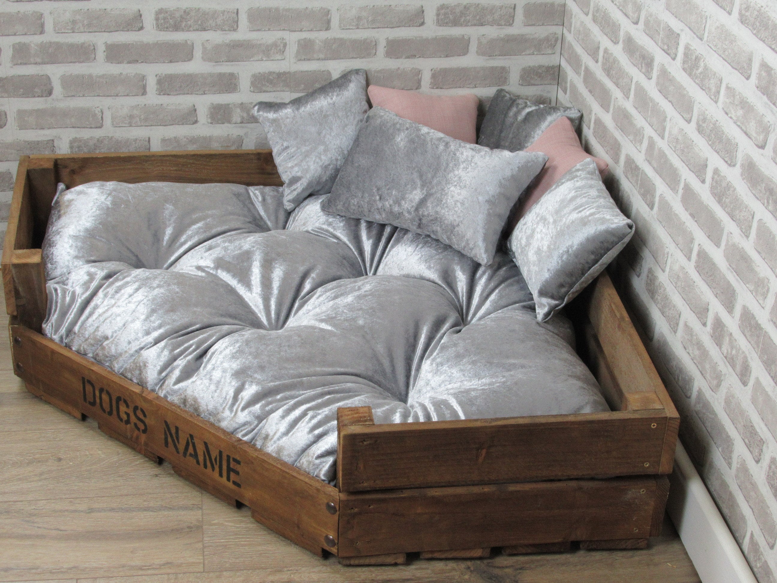 XL Personalised Rustic Wooden Corner Dog Bed in Grey Crushed - Etsy UK