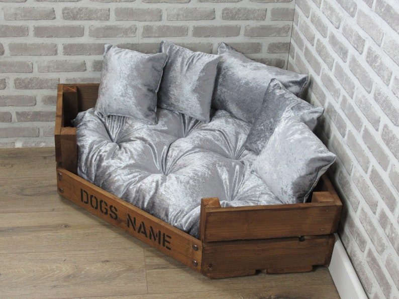 Large Personalised Rustic Wooden Corner Dog Bed in Grey - Etsy