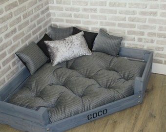 XL Personalised Rustic Wooden Corner Dog Bed in Grey Fabric | Etsy UK