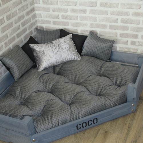 XL Personalised Rustic Grey Wooden Corner Dog Bed in Grey | Etsy