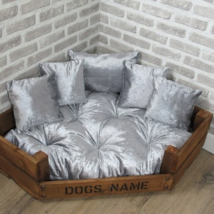 Large Personalised Rustic Wooden Corner Dog Bed in Grey Crushed Velvet ...