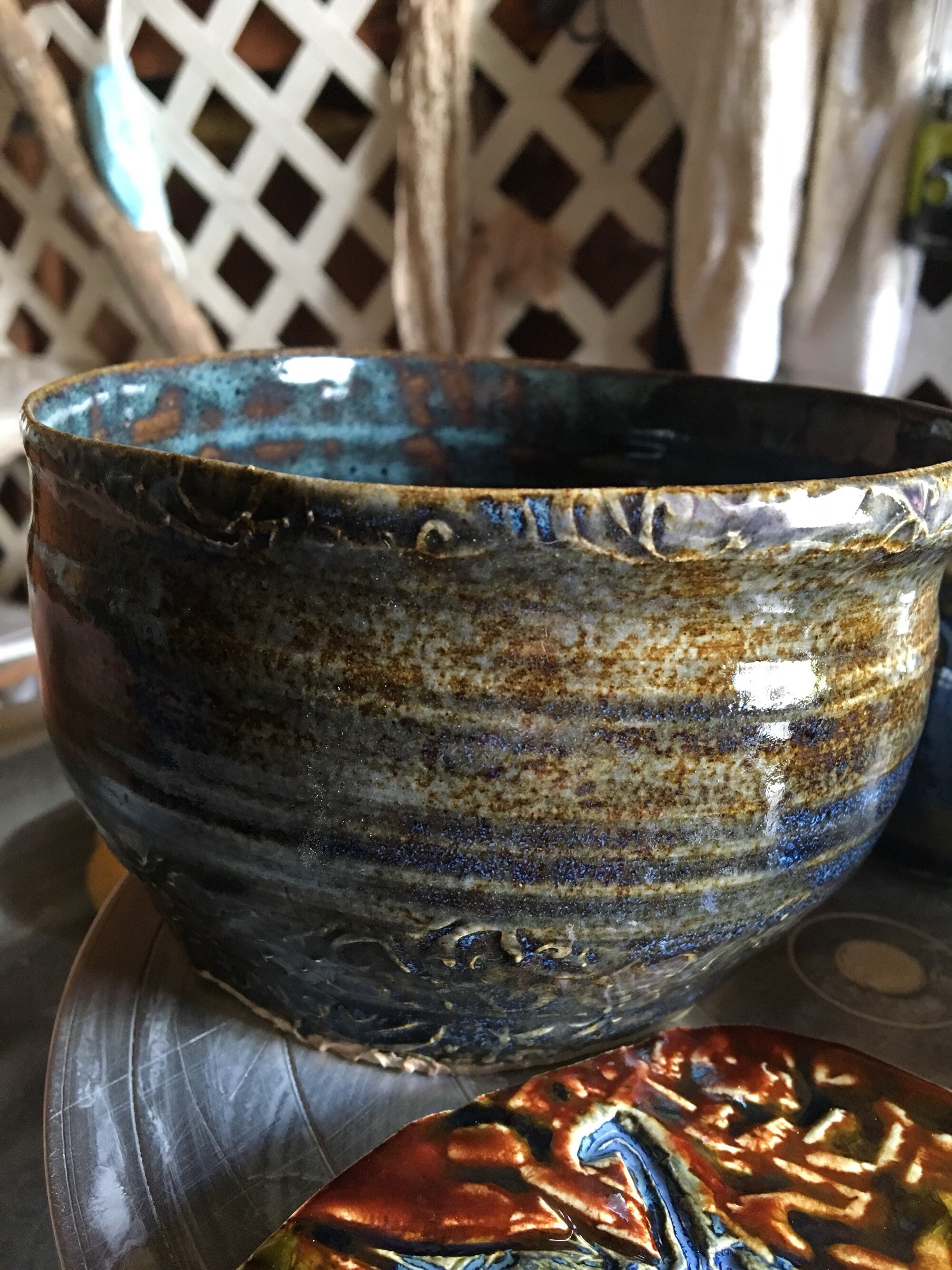 One of a Kind Big Blue Bowl w Browns Greys - Etsy