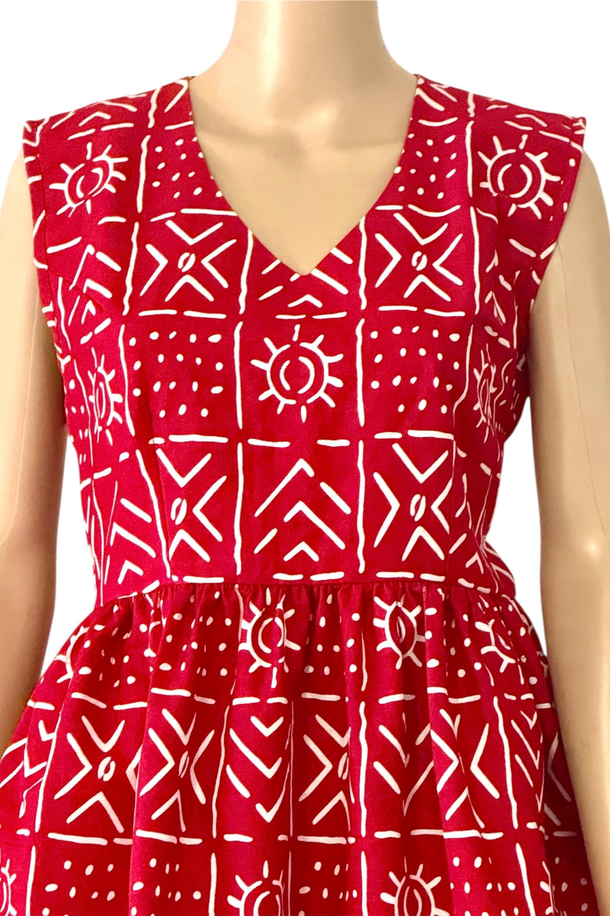 Red African Print Dress – Ankara Midi Dress With Belt – Sleeveless ...