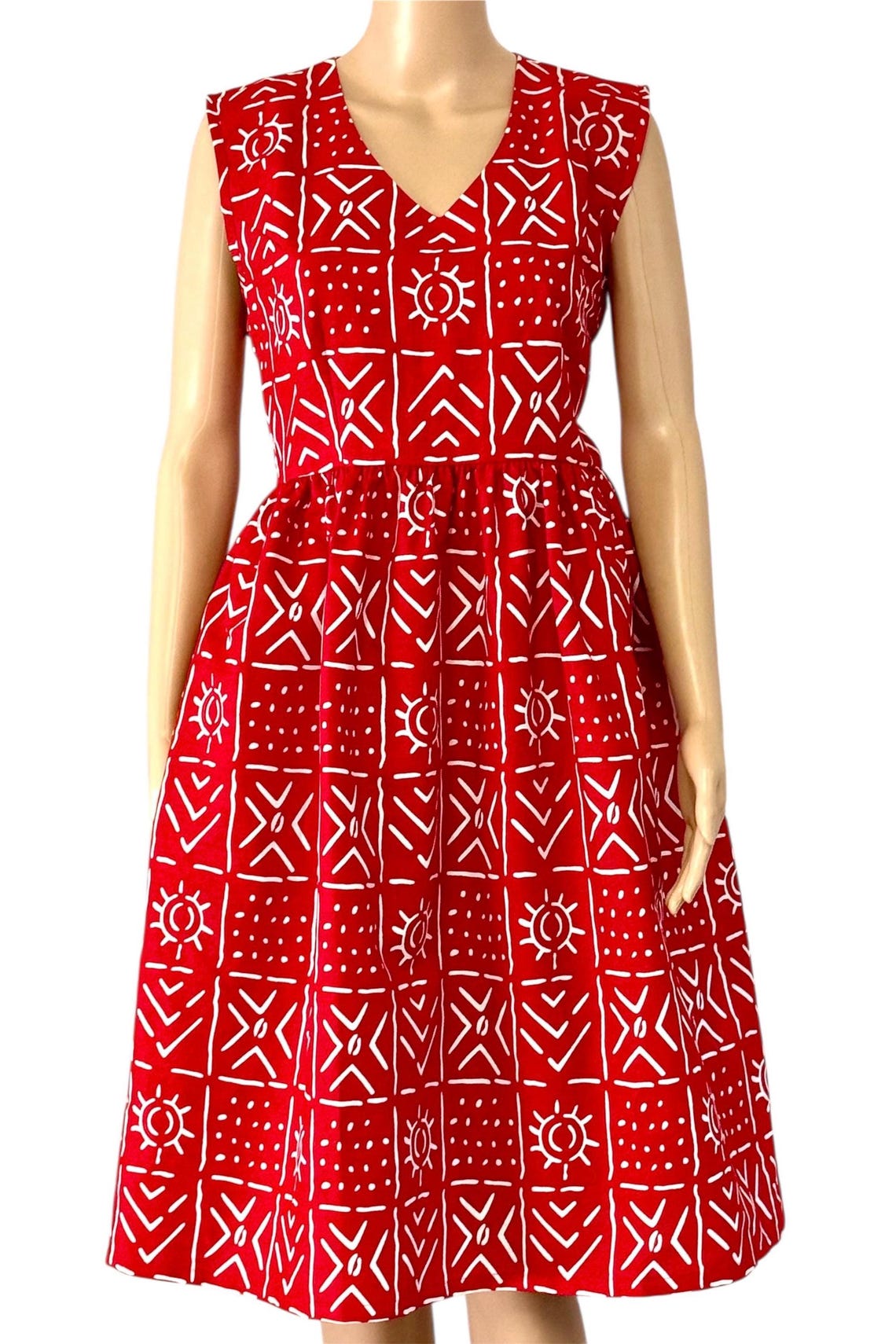 Red African Print Dress – Ankara Midi Dress With Belt – Sleeveless ...