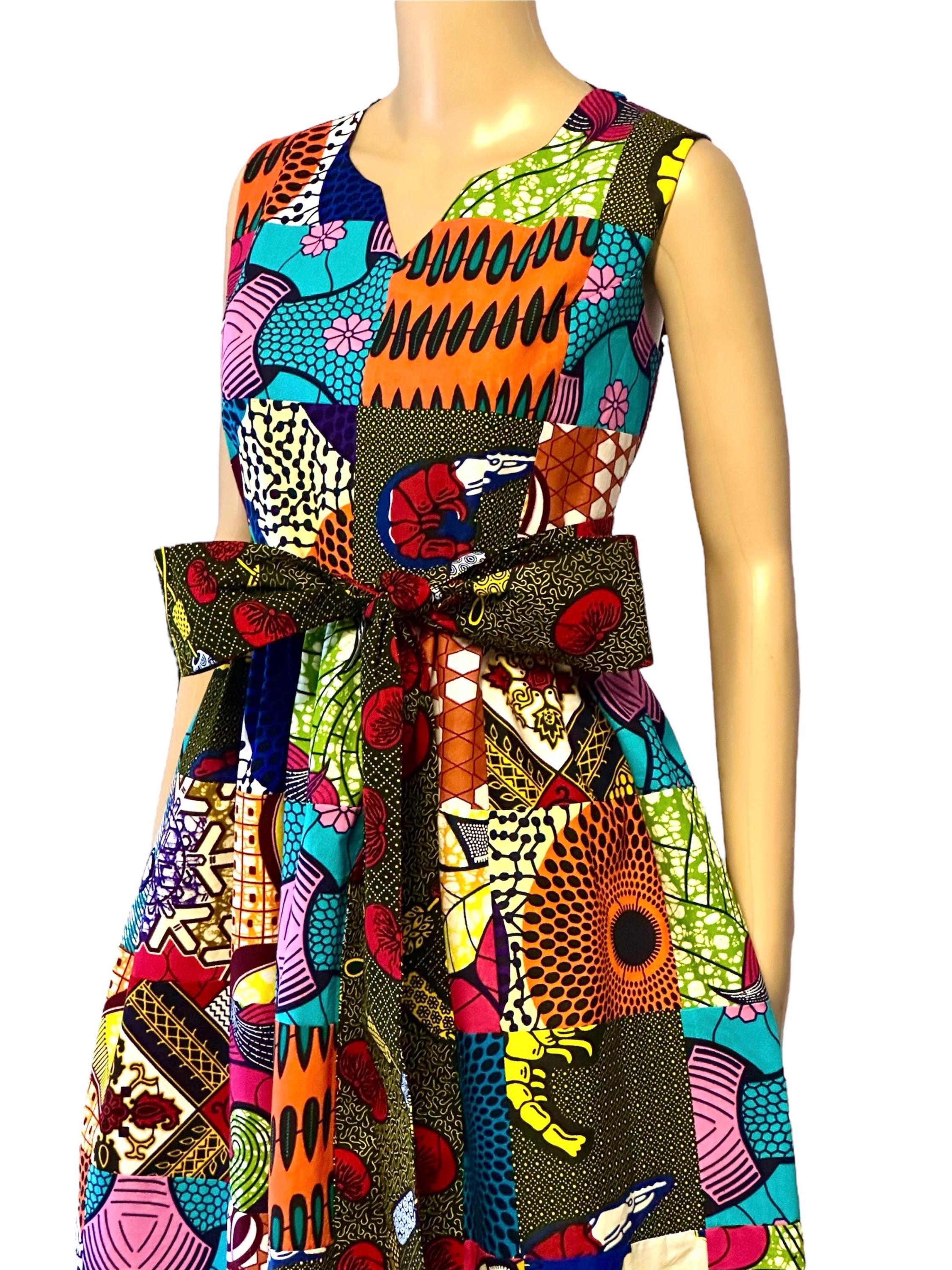 Handmade African Print Patchwork Maxi Dress With Pockets and Belt, 100% ...
