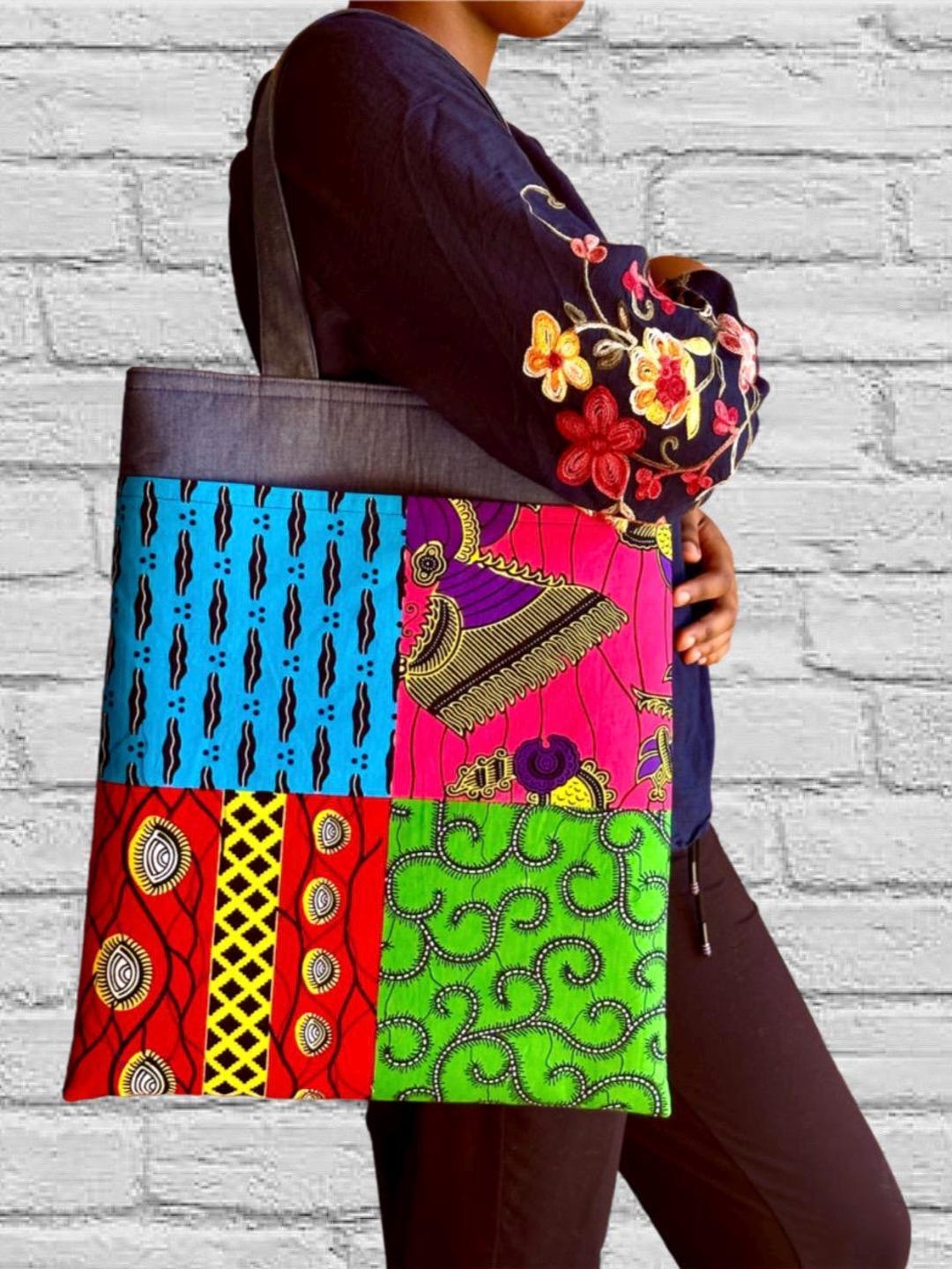 Denim and African Print Book Bag, African Print Denim Bag, Everyday ...