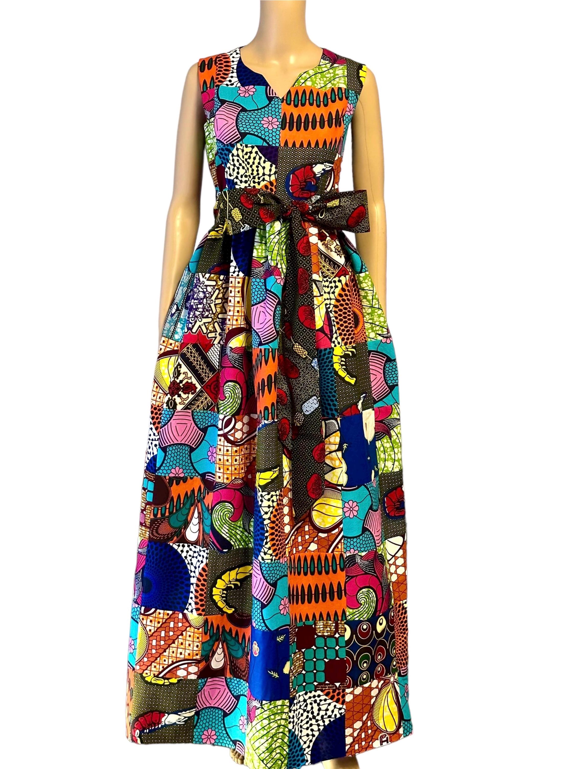 Handmade African Print Patchwork Maxi Dress With Pockets and Belt, 100% ...