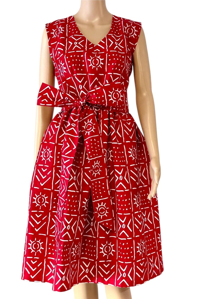 Red African Print Dress – Ankara Midi Dress With Belt – Sleeveless ...