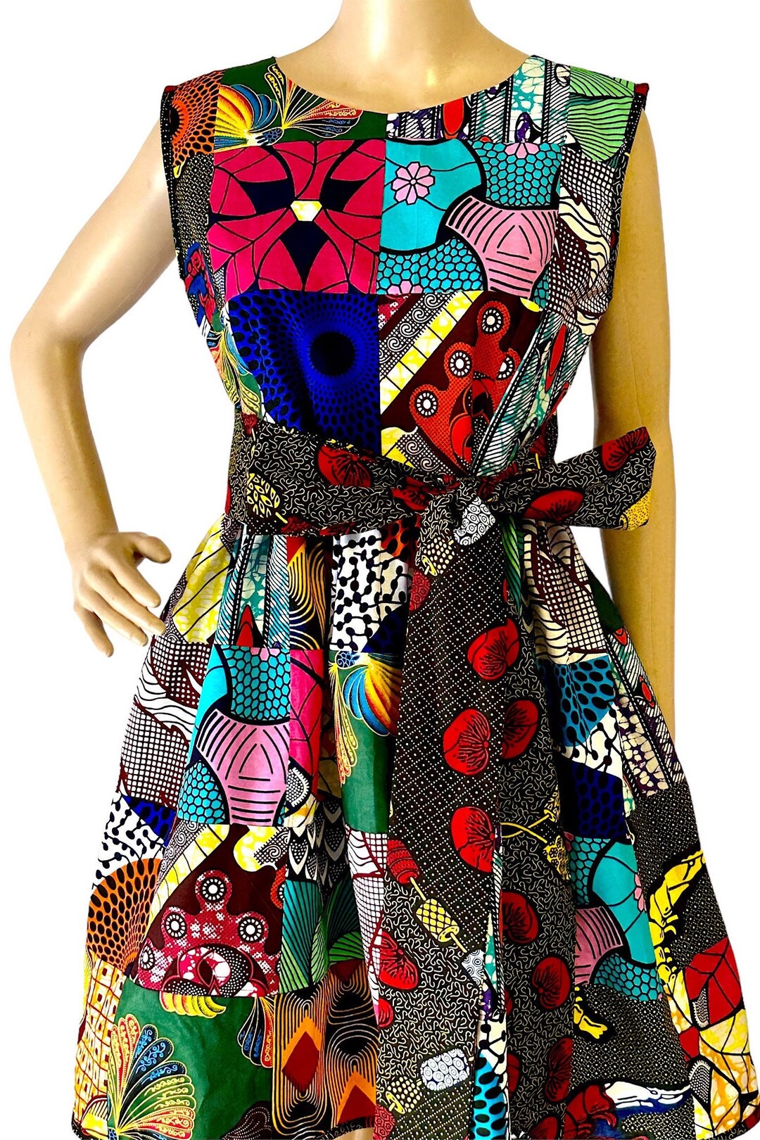 Handmade African Print Patchwork Dress With Pockets and Belt, 100% ...