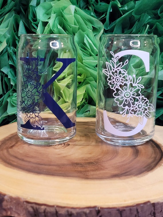 Monogram Iced Coffee Glass Can/ Floral Initial Beer Can Glass/ - Etsy