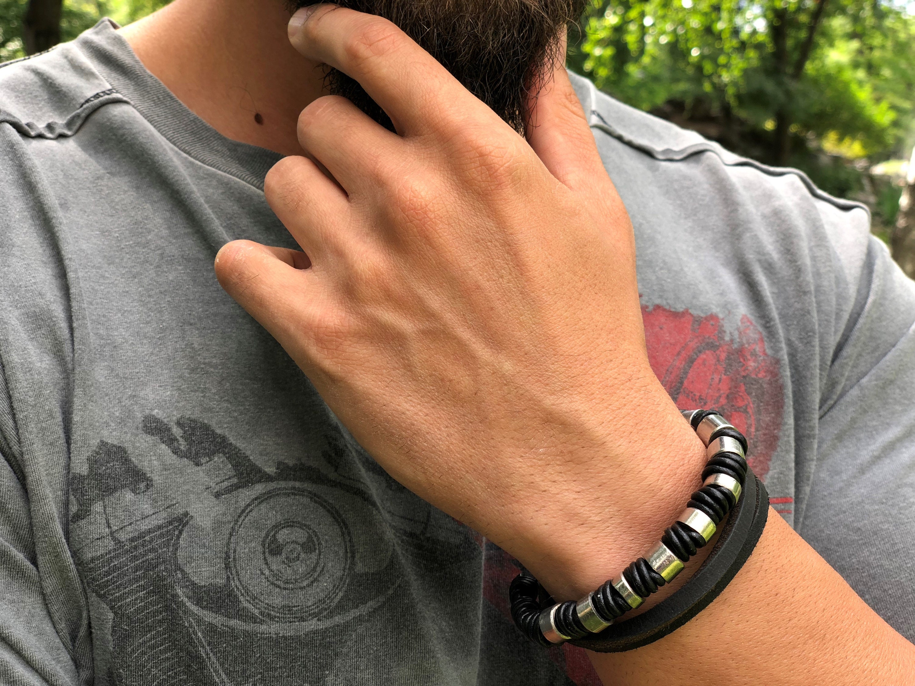 Mens Leather Bracelet Rocker Jewelry Biker Bracelet Gift for | Etsy