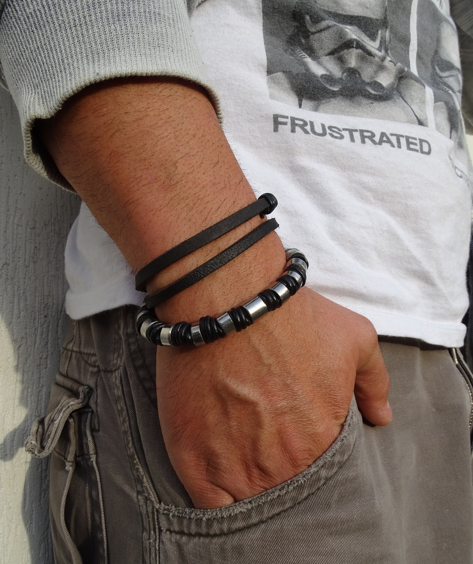 Mens Leather Bracelet Rocker Jewelry Biker Bracelet Gift for - Etsy