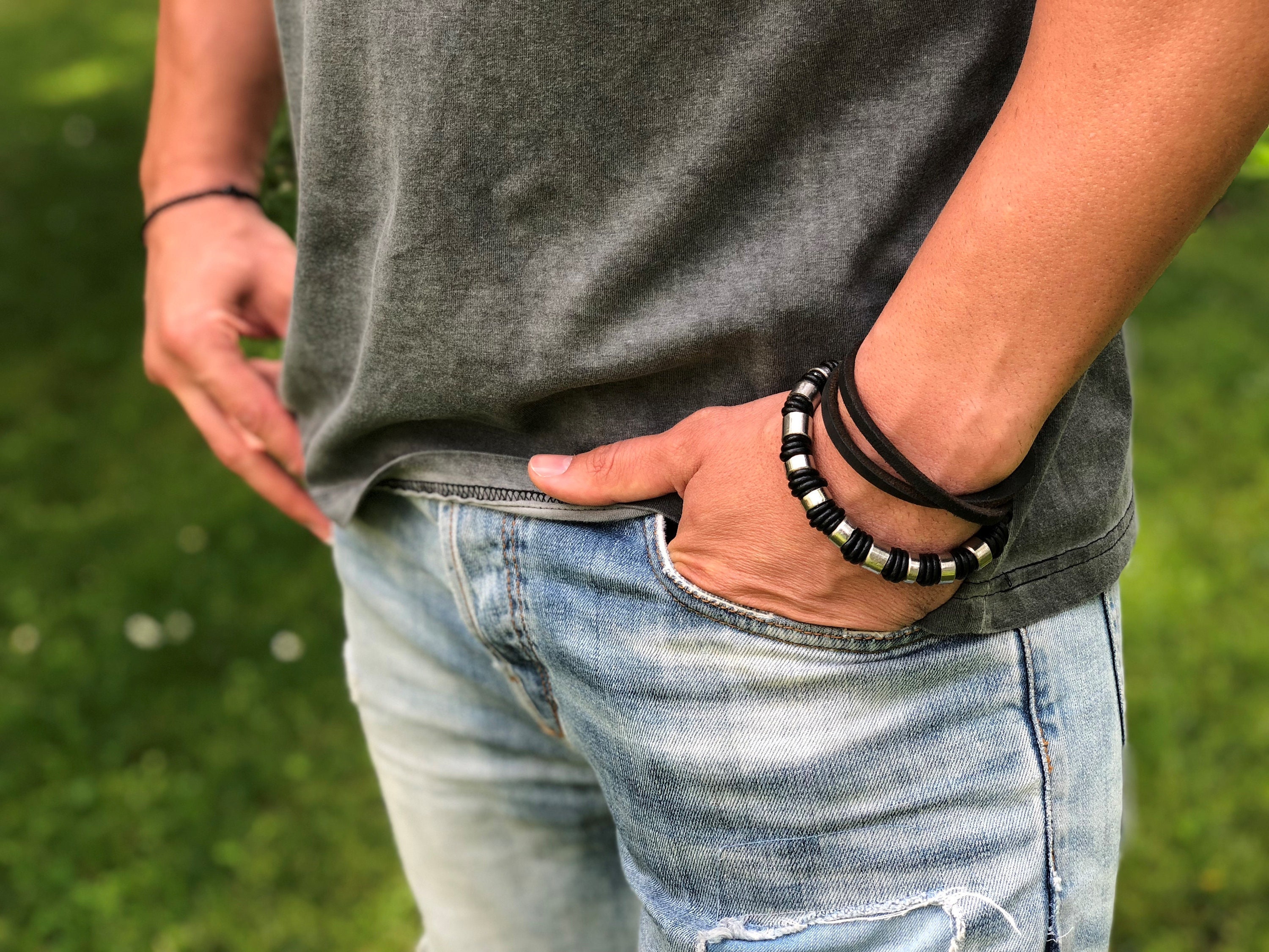 Mens Leather Bracelet Rocker Jewelry Biker Bracelet Gift for | Etsy