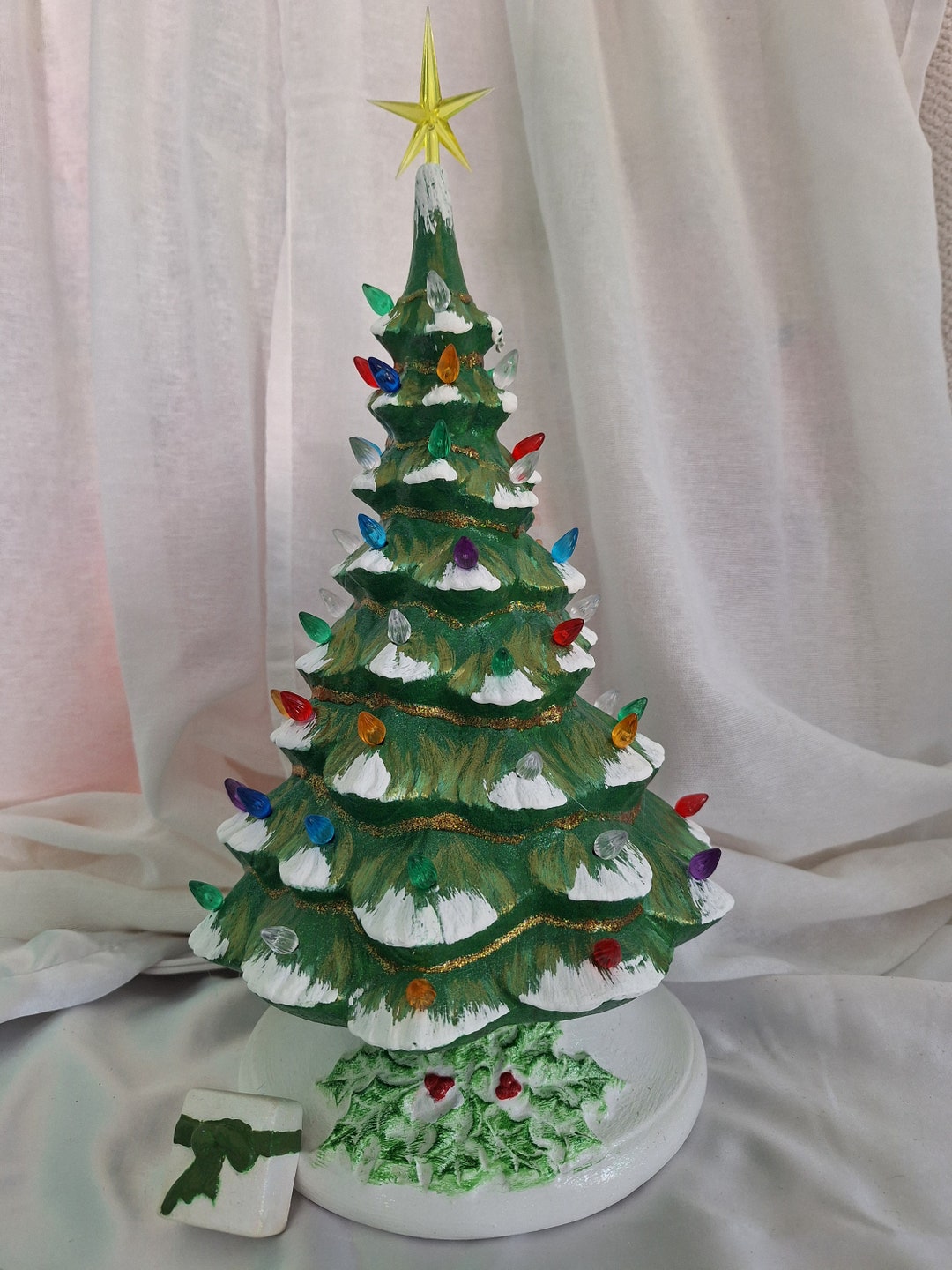 Ceramic Christmas Tree Green and Gold Garland White Multi Color Lights ...