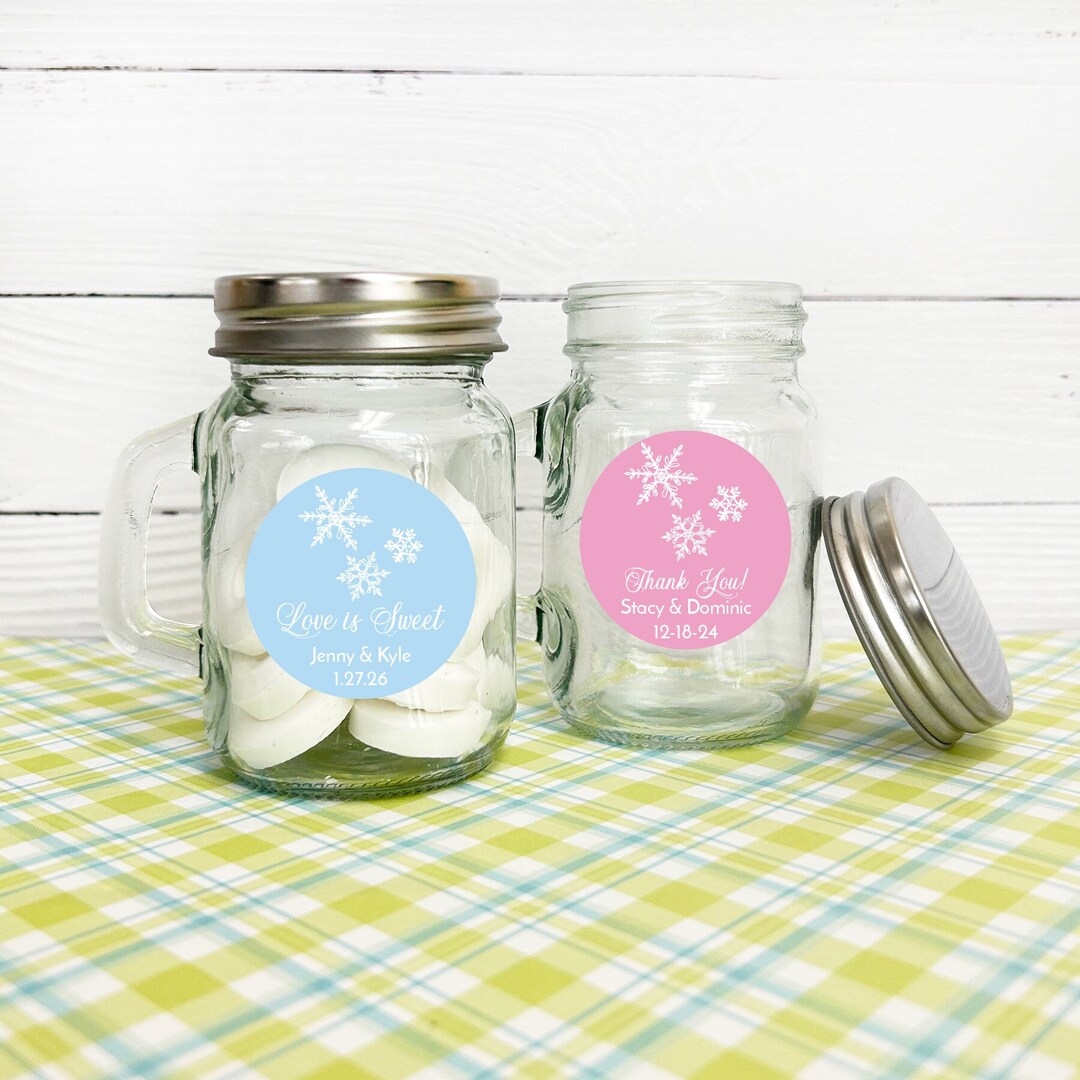 Snowflakes Winter Favors Set of 12 Personalized Mini Mason Glass Jar ...