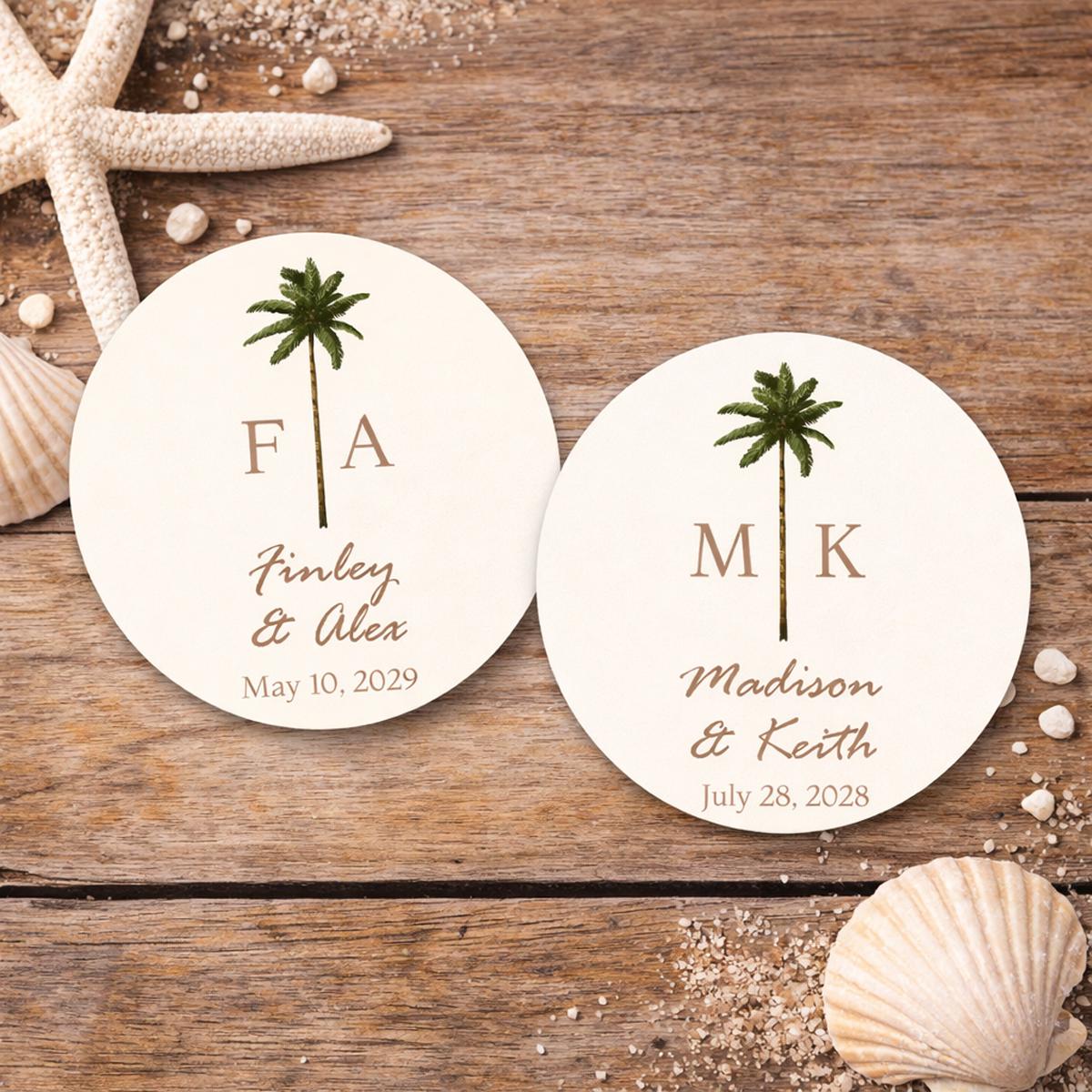 Beach Wedding Favors, Set of 24 Palm Tree Monogram Personalized Labels ...