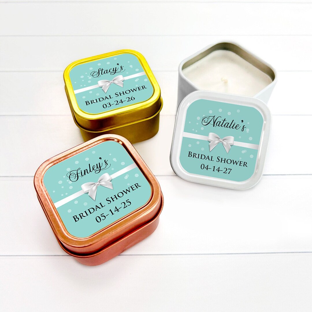 12 Pcs Aqua Blue Bow Personalized Square Travel Candle Tins Favors ...