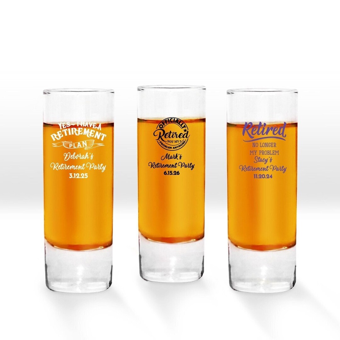 24 Pcs Retirement Personalized Tall Shot Glass Favors - Retirement ...