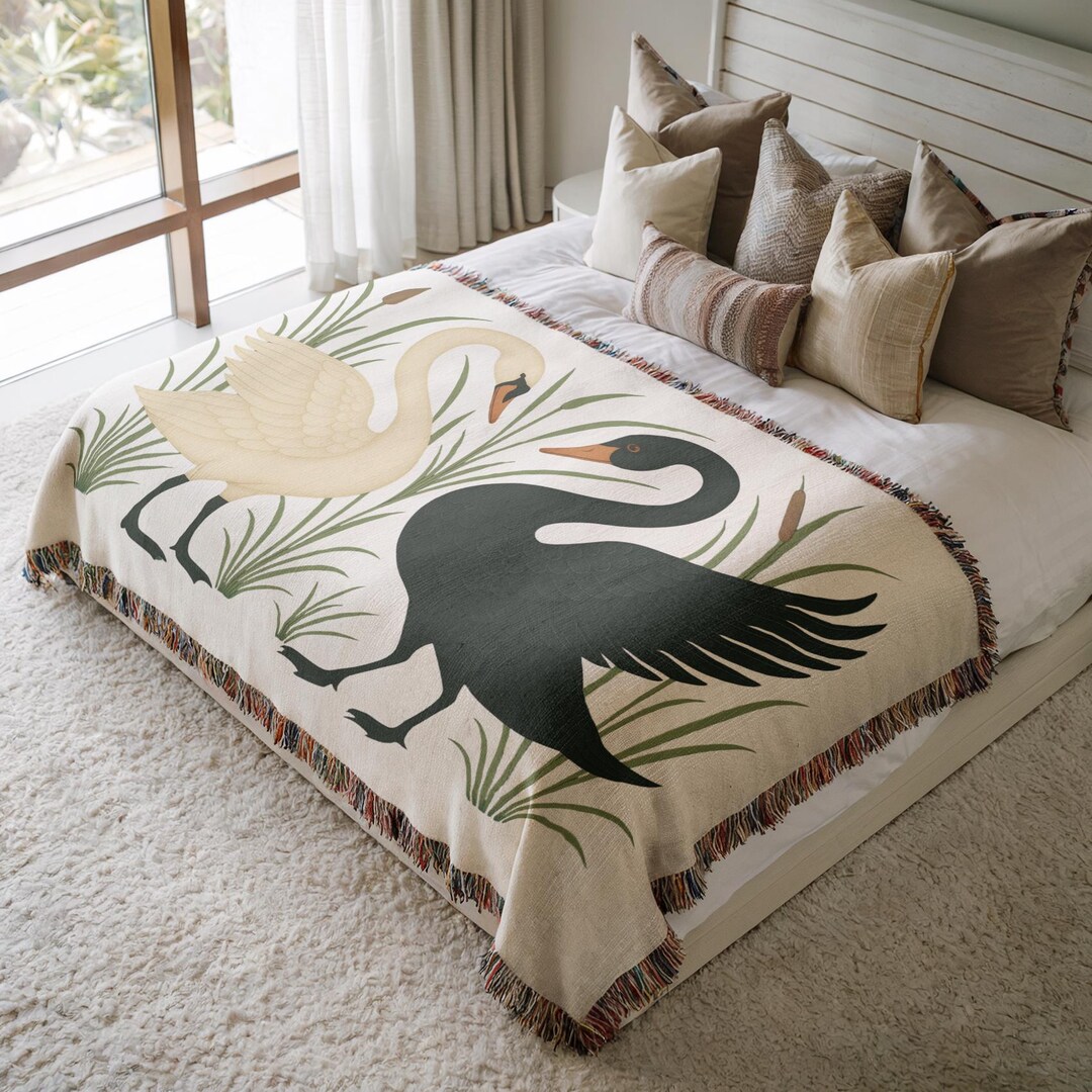 Swan Rush & Iris Woven Blanket, Victorian Art Nouveau Floral Throw ...