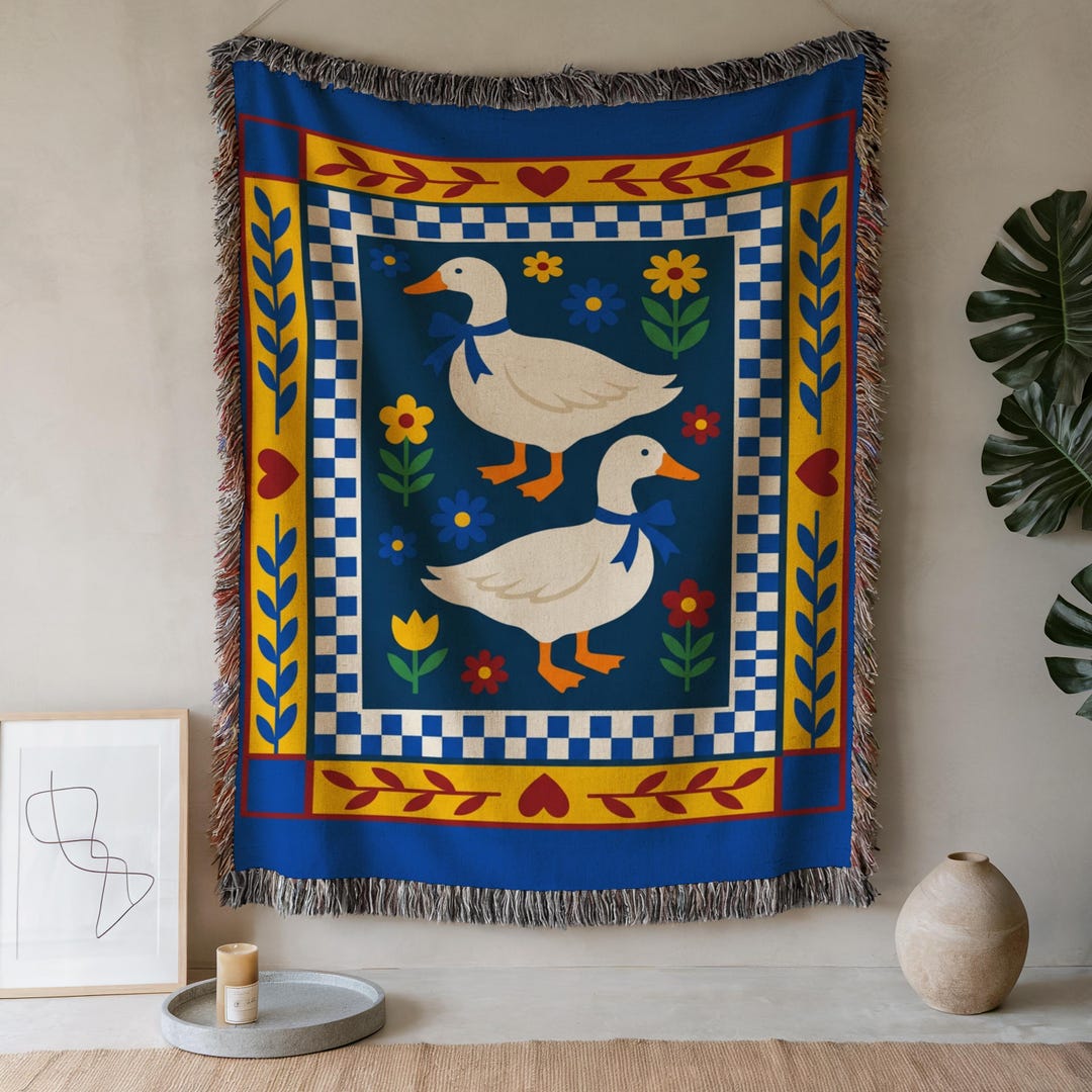 Folk Duck Woven Blanket, Country Farmhouse Goose Tapestry, Blue ...