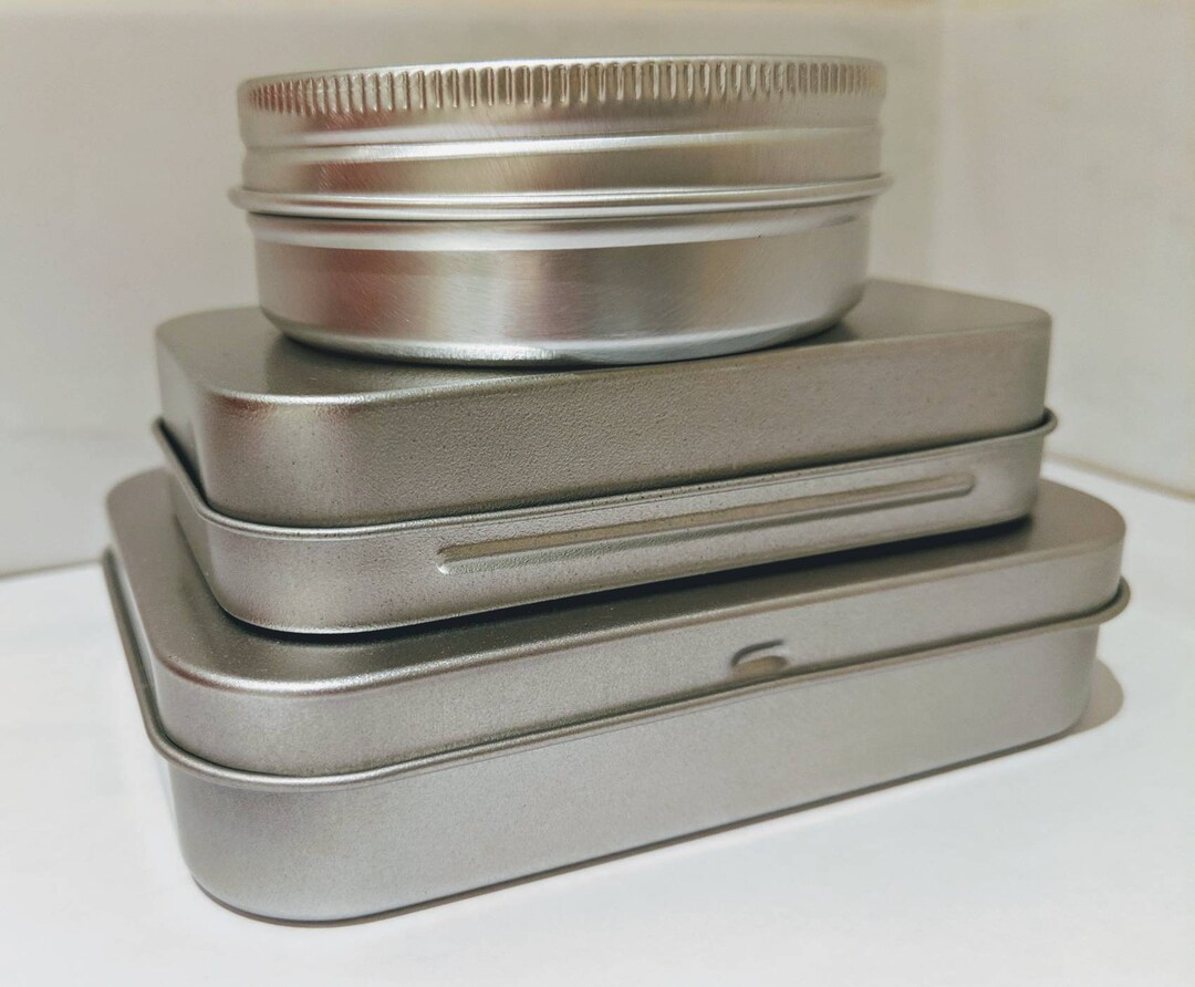 Set of 3 Tins, Metal Storage Tins, 2 Rectangular Tins, 1 Round Tin ...