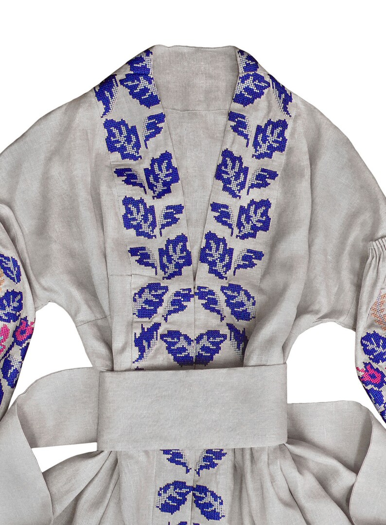 Gray Linen Embroidered Folk Dress With Ancient Floral Pattern | Etsy