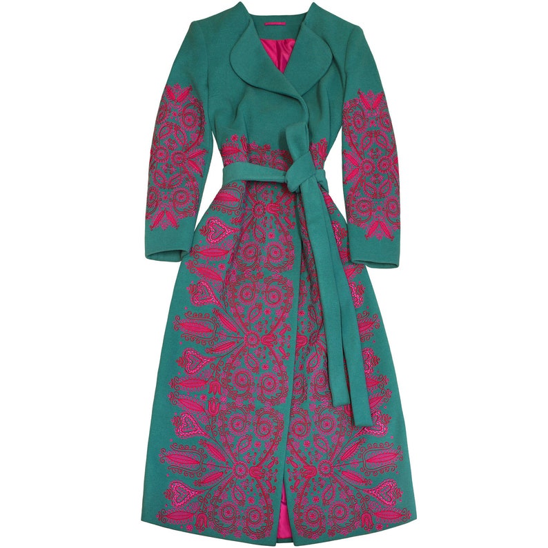 Turquoise Embroidered Floral Woolen Coat - Etsy UK