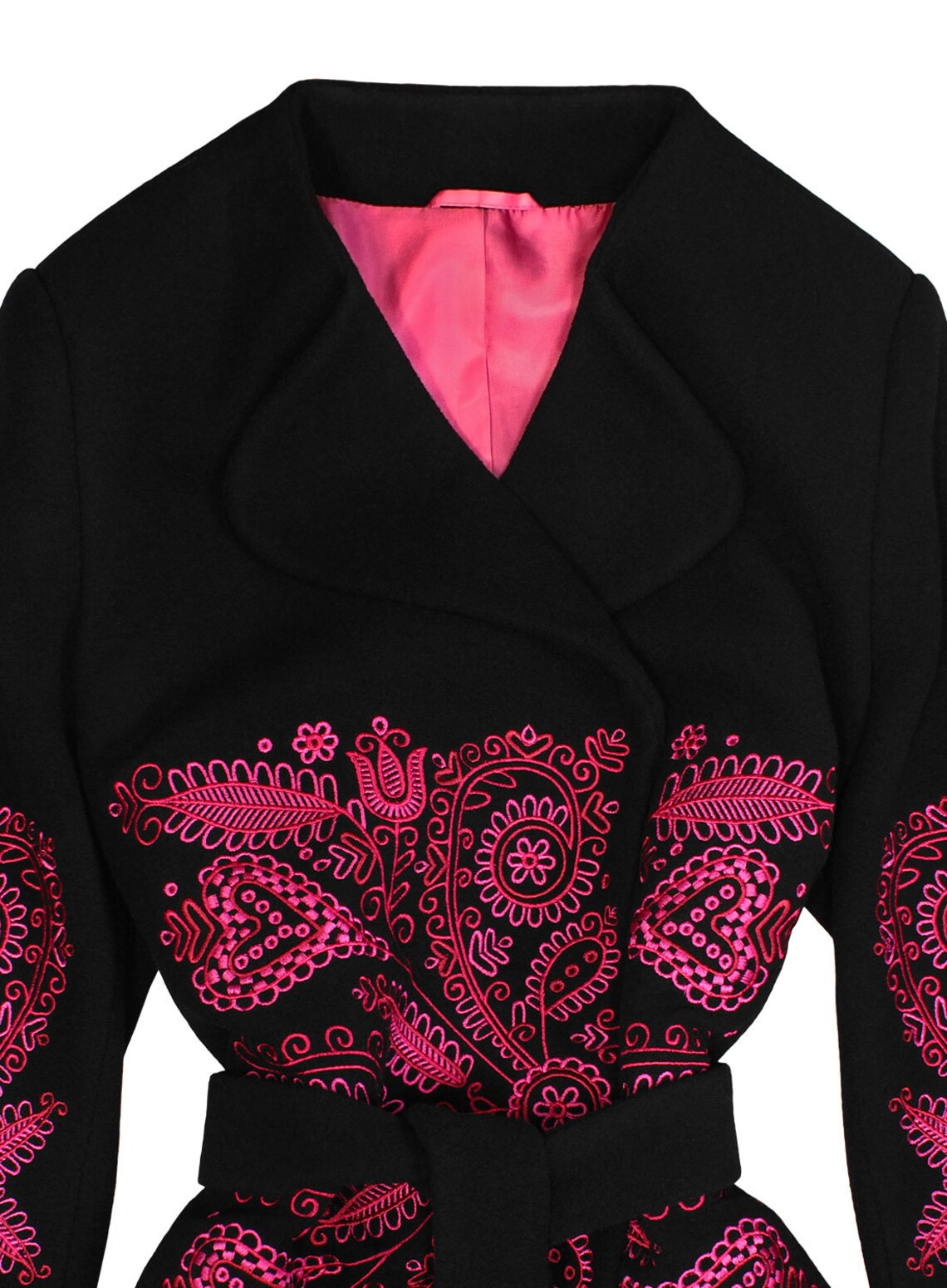 Black Embroidered Long Woolen Coat With Floral Embroidery - Etsy UK