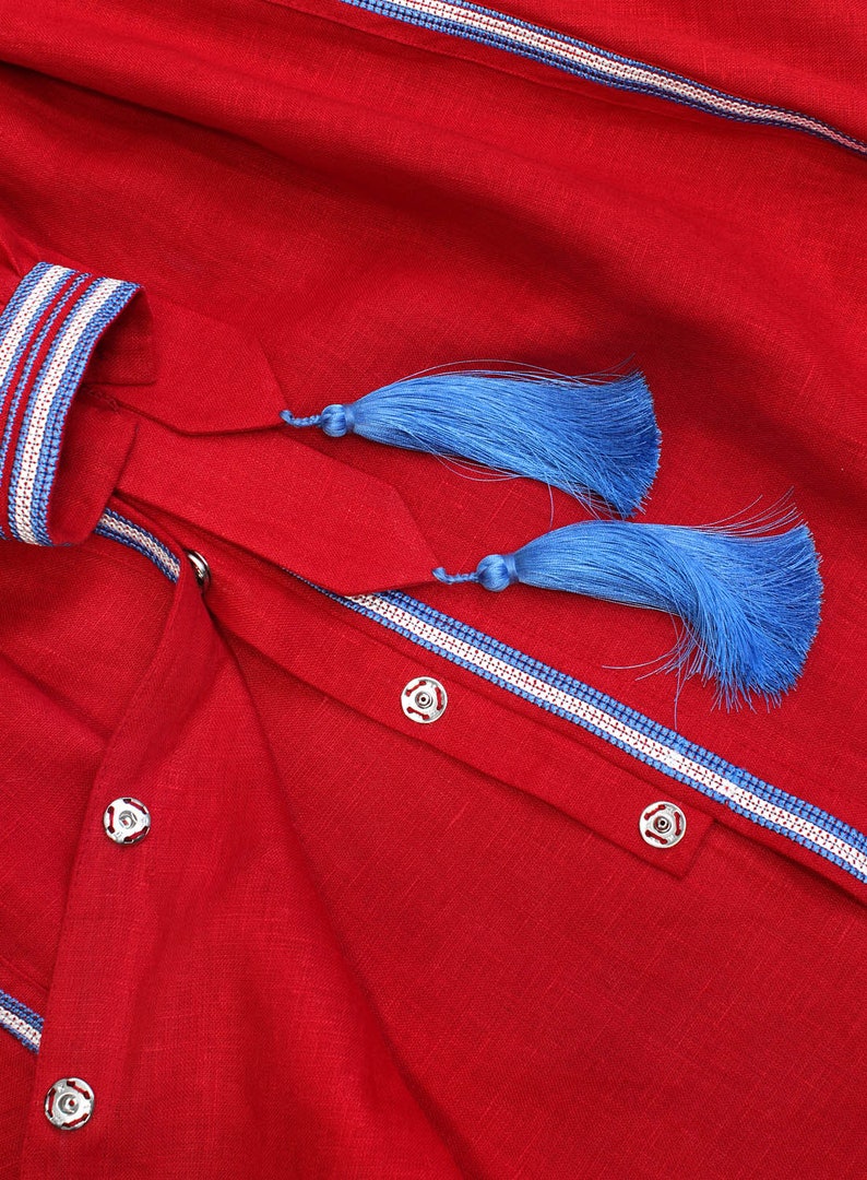 Red linen long dress with embroidered geometric pattern maxi | Etsy