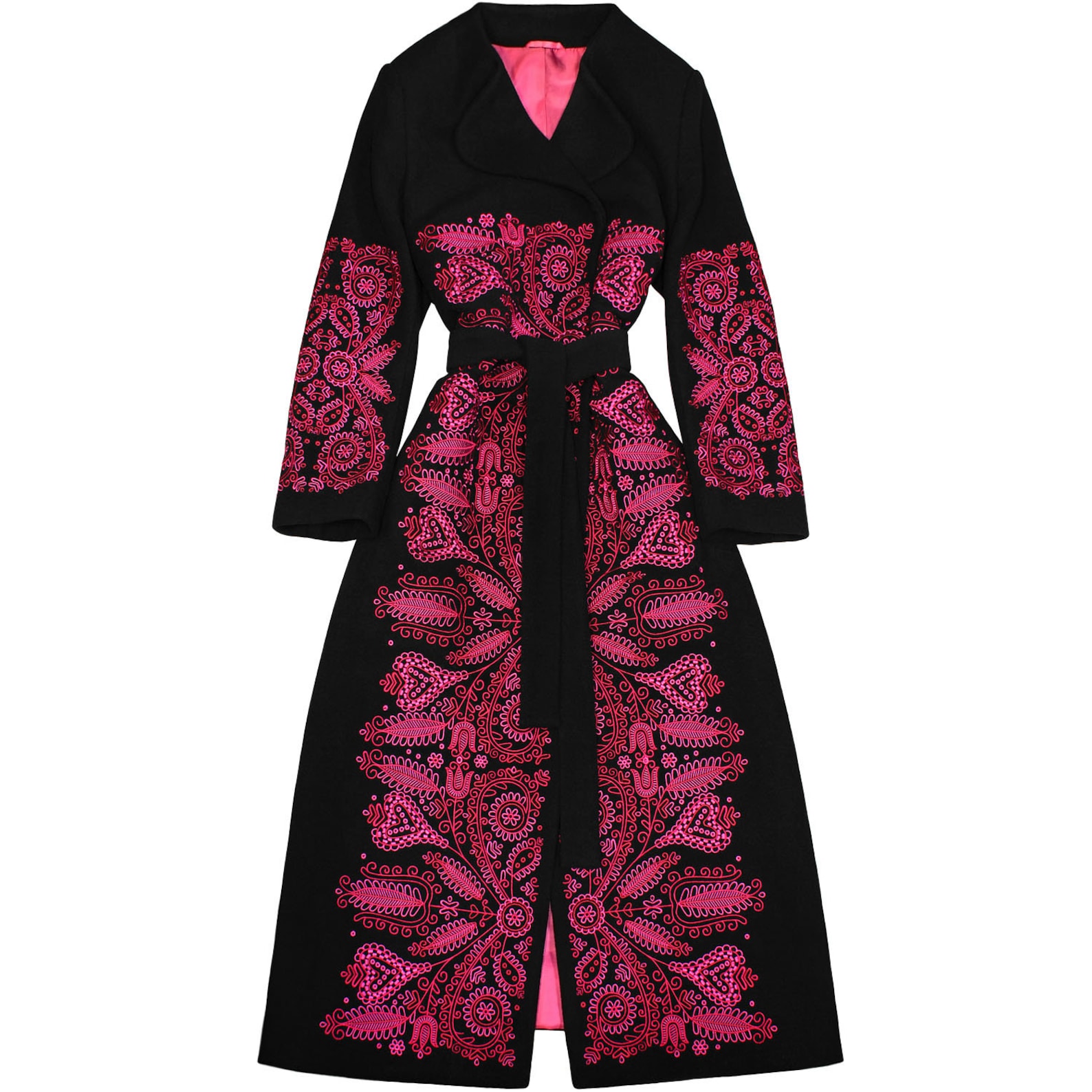 Black Embroidered Long Woolen Coat With Floral Embroidery - Etsy