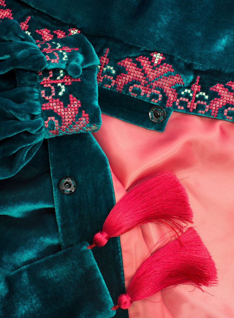 Velvet Turquoise Embroidered Dress Vyshyvanka Ukrainian - Etsy