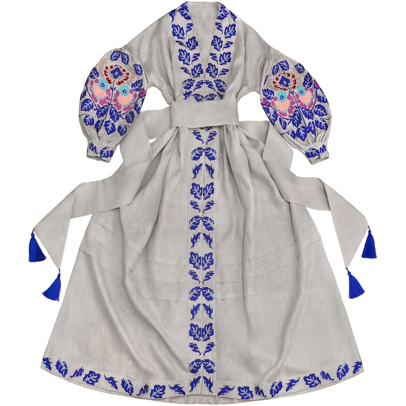 Gray Linen Embroidered Folk Dress With Ancient Floral Pattern | Etsy