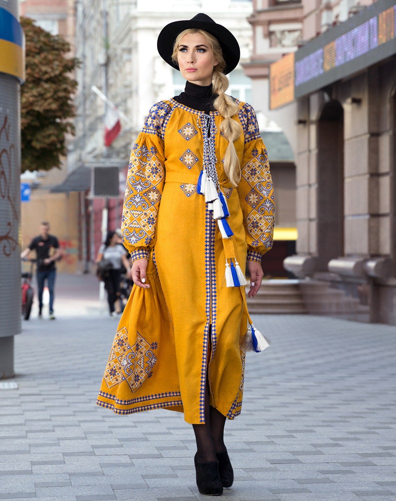 Boho Style Ocher Color Ukrainian Dress With Ancient Geometric - Etsy