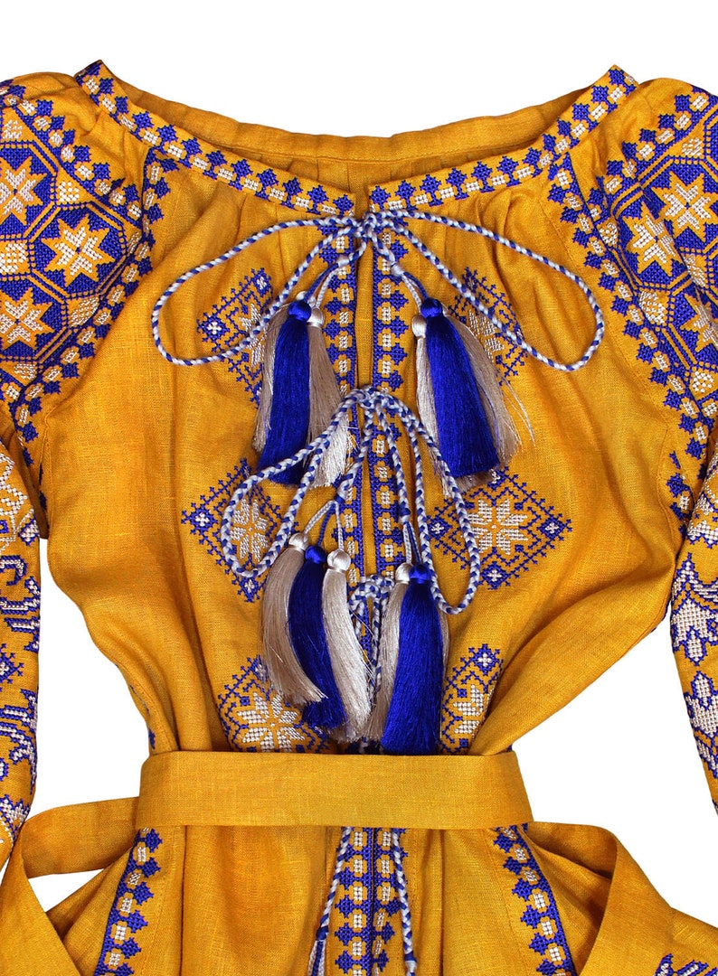 Boho Style Ocher Color Ukrainian Dress With Ancient Geometric - Etsy