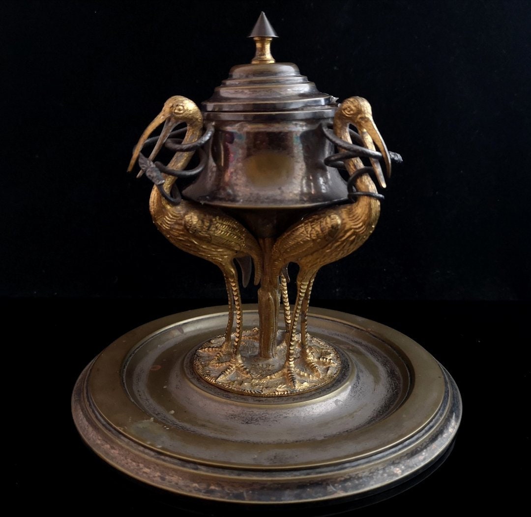 Antique French inkwell, Storks and snakes