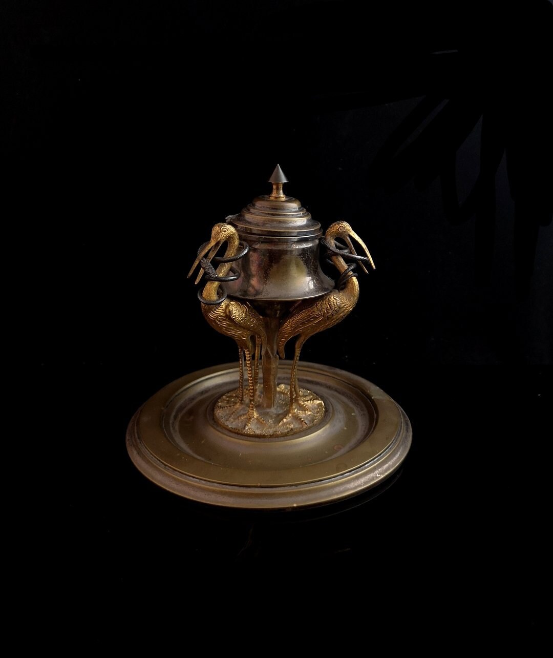 Antique French inkwell, Storks and snakes