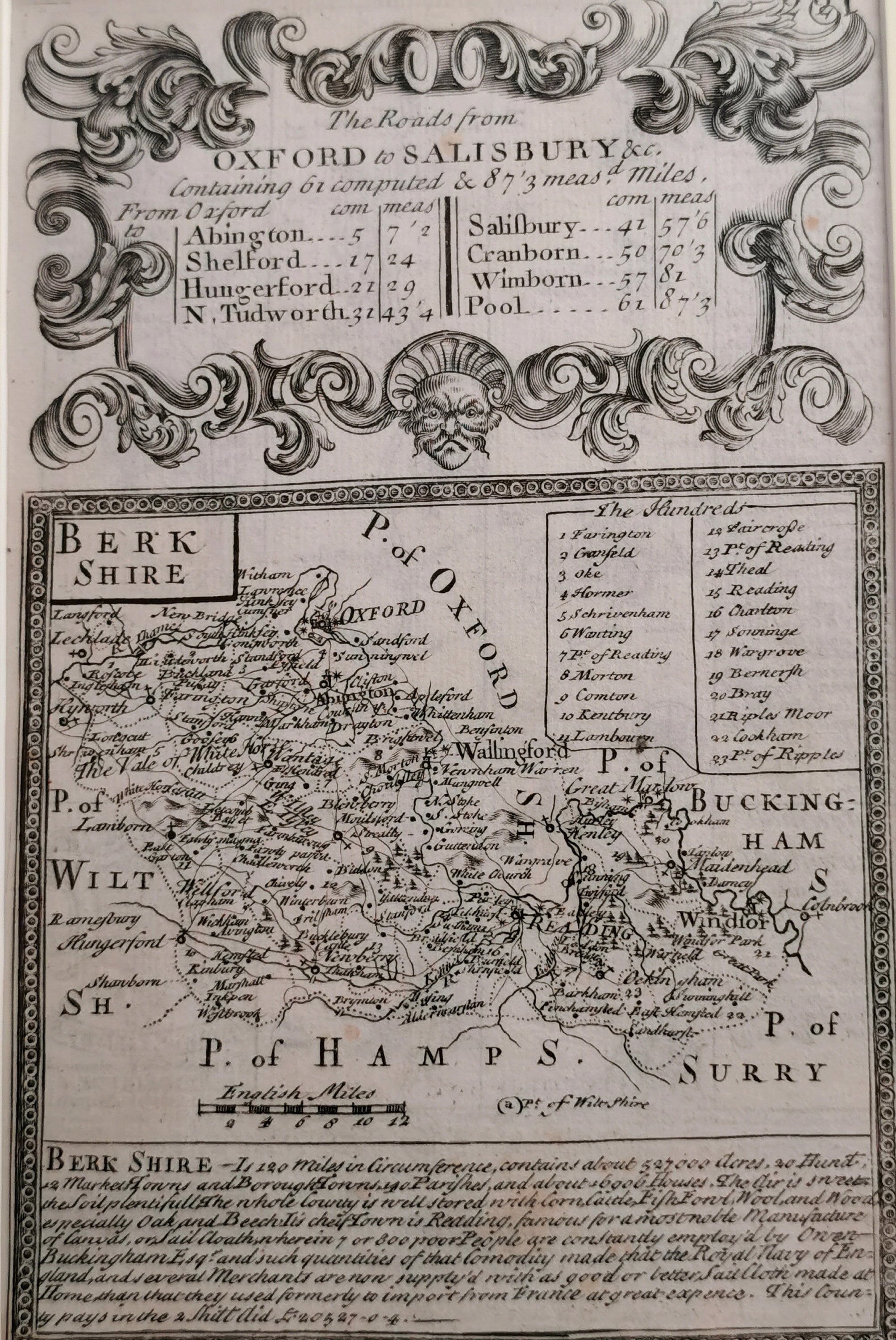 Antique English Road map print, vintage print, Oxford to Salisbury