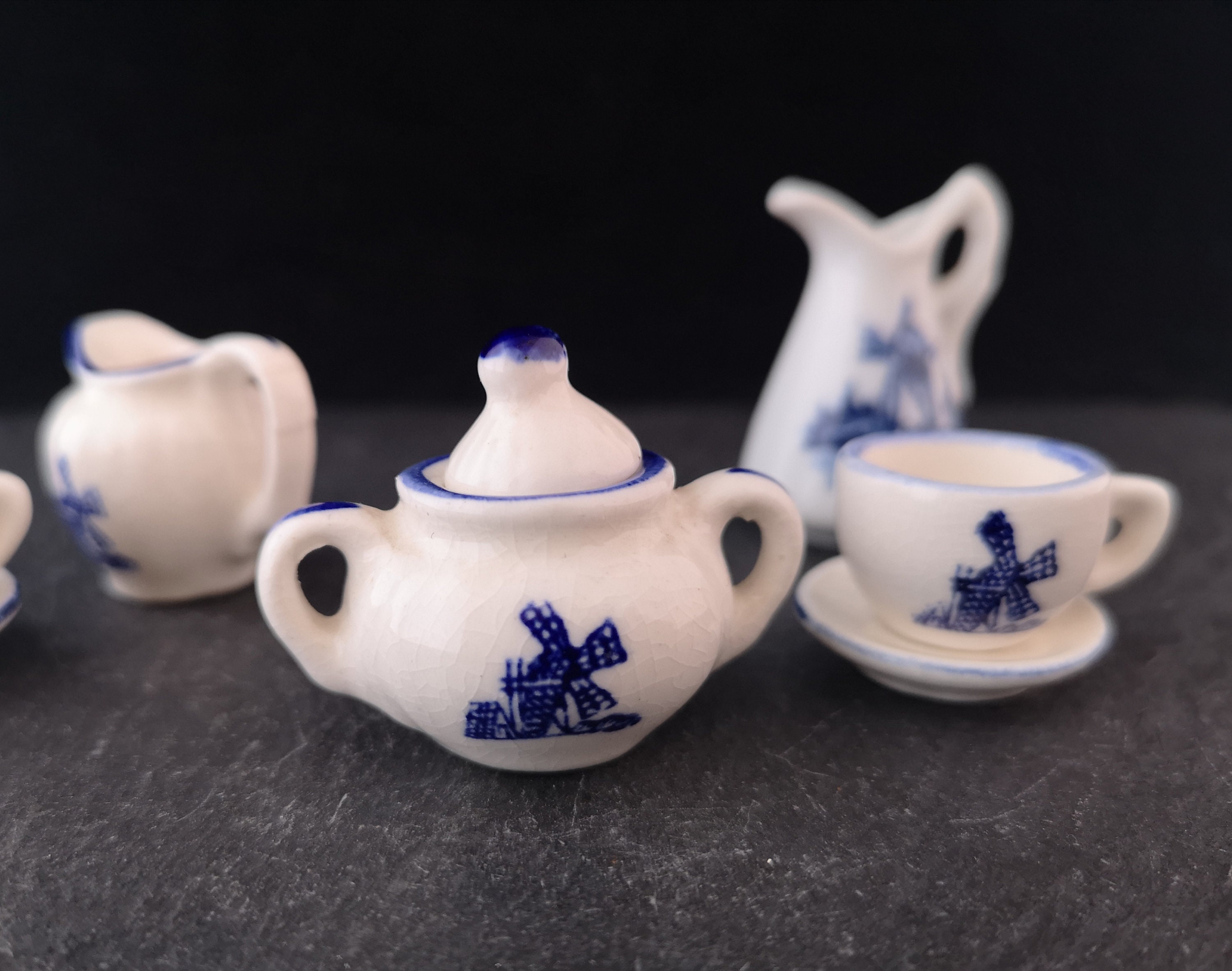 Vintage dolls house china tea set, blue and white, delft style