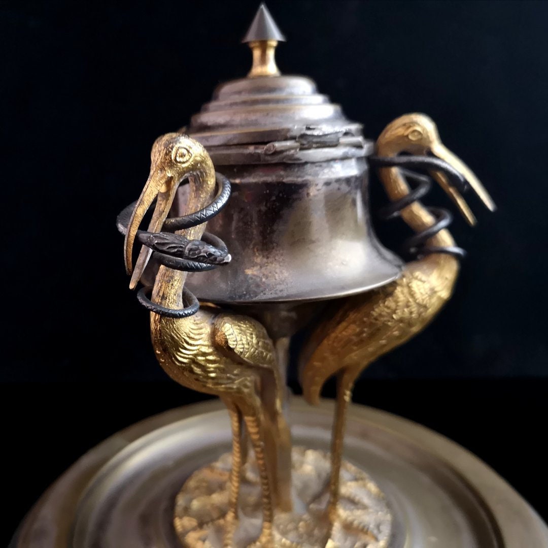 Antique French inkwell, Storks and snakes