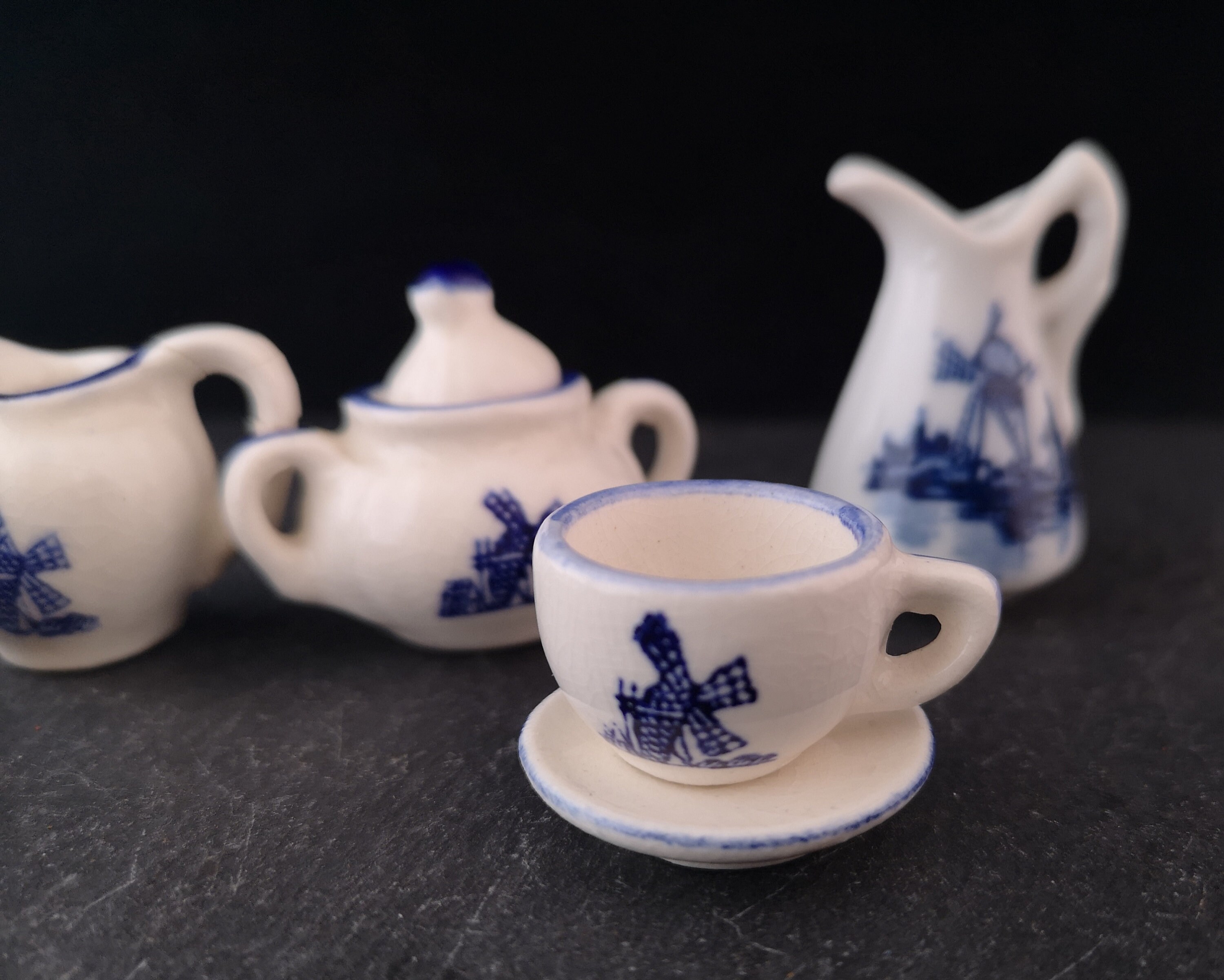 Vintage dolls house china tea set, blue and white, delft style