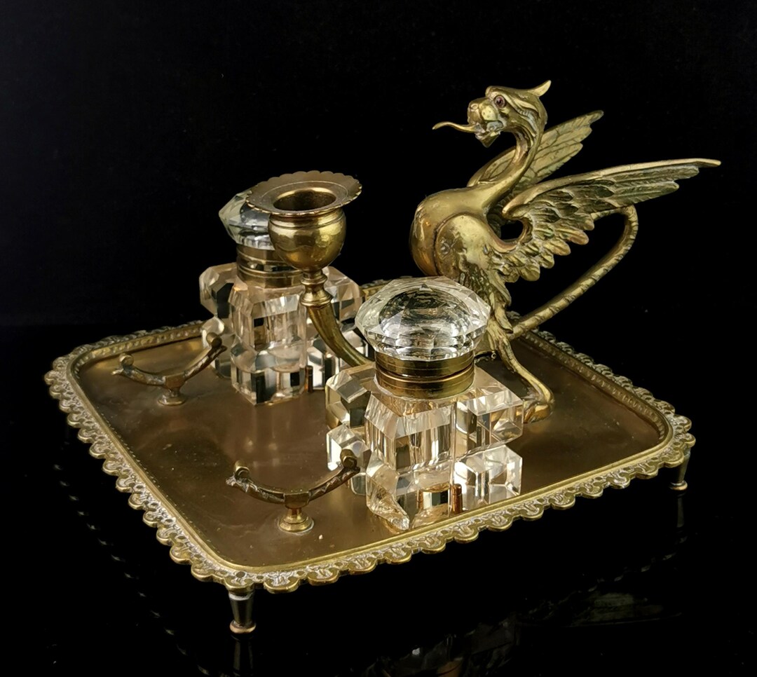 Antique Victorian Brass Wyvern Ink Stand, Inkwells - Etsy