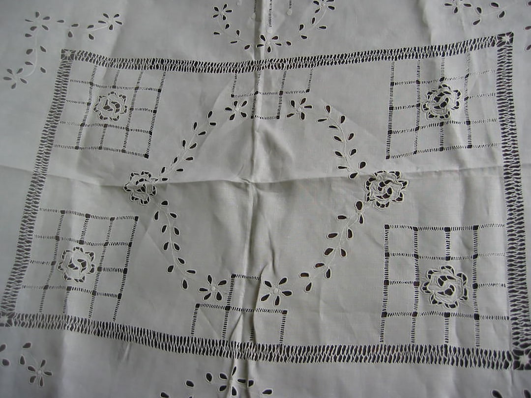 Vintage Antique French Art Nouveau Linen Tablecloth in White Embroidery ...