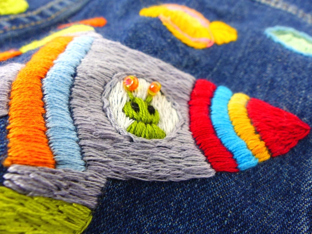 Hand Embroidered Little Alien Rocket Kid's, Boy or Girl, Denim Jean ...