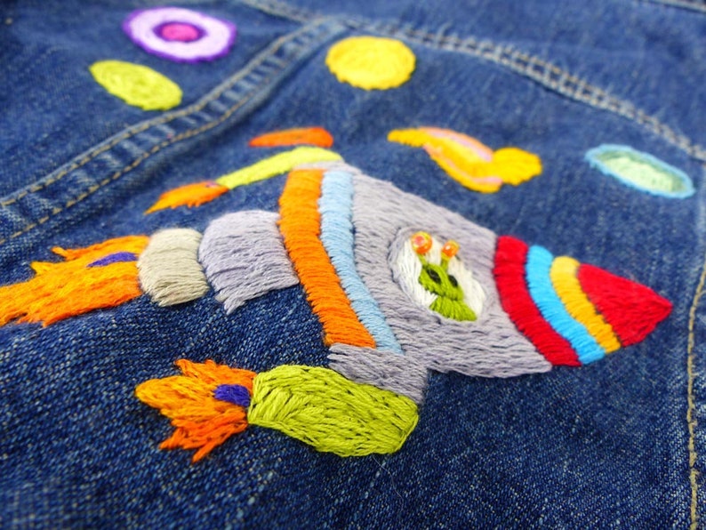 Hand Embroidered Little Alien Rocket Kid's, Boy or Girl, Denim Jean ...