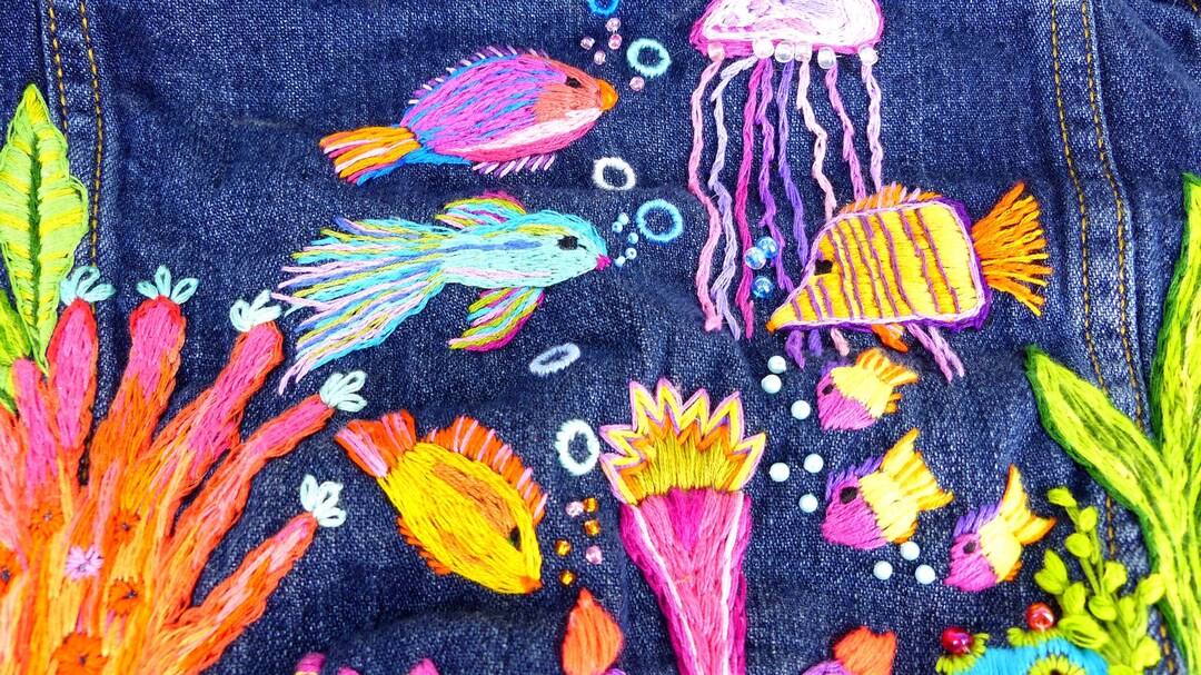 Hand designed & embroidered underwater world aquarium fish denim jean ...