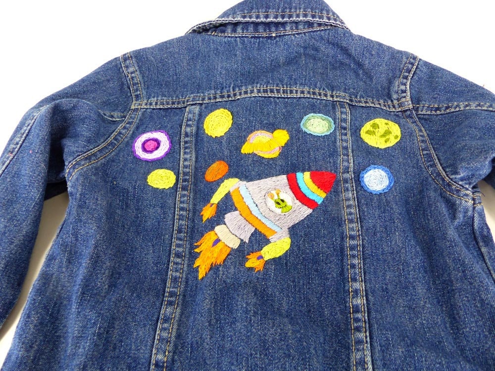 Hand Embroidered Little Alien Rocket Kid's, Boy or Girl, Denim Jean ...