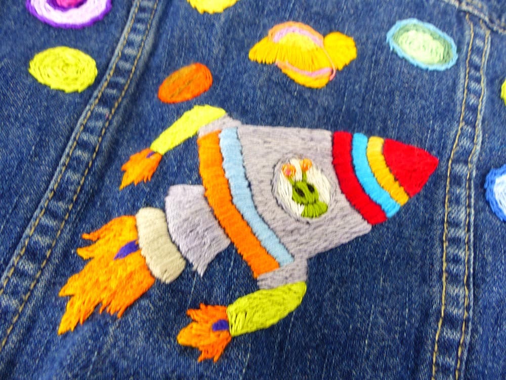 Hand Embroidered Little Alien Rocket Kid's, Boy or Girl, Denim Jean ...