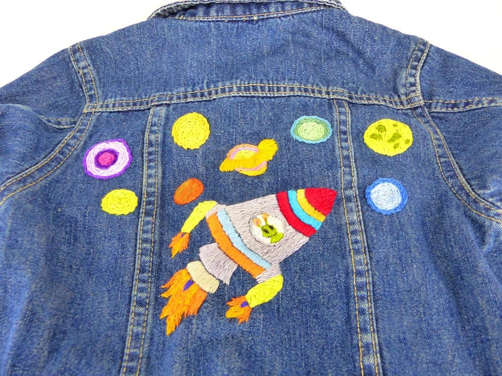 Hand Embroidered Little Alien Rocket Kid's, Boy or Girl, Denim Jean ...