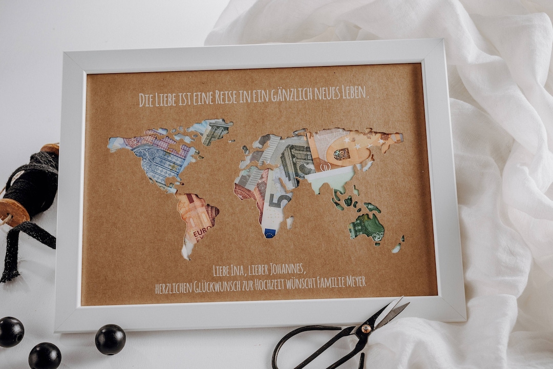Personalized Wedding Gift world Map With Picture Frame as a Cash Gift ...